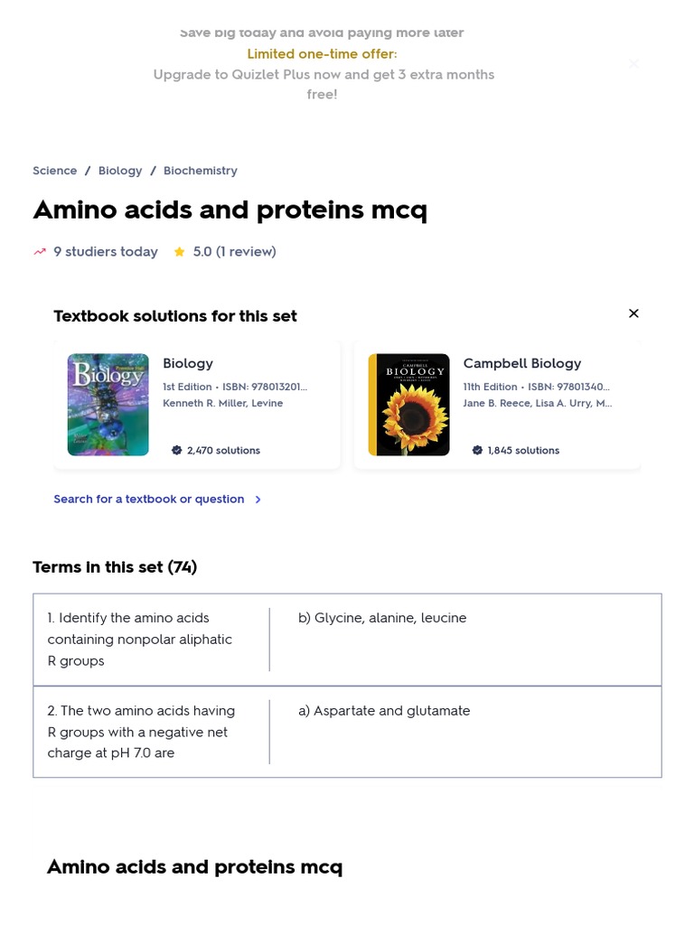 Amino acids and proteins mcq Flashcards _ Quizlet | PDF