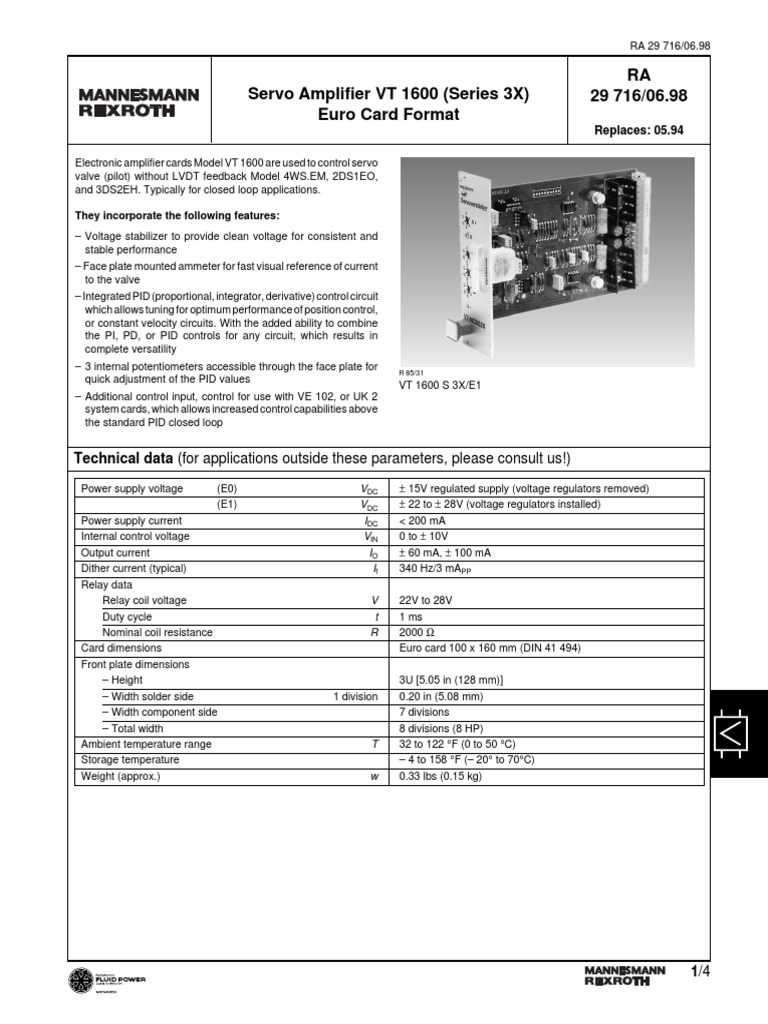 Servo Amplifier VT 1600 Series 3X Data Sheet | PDF | Amplifier | Power ...
