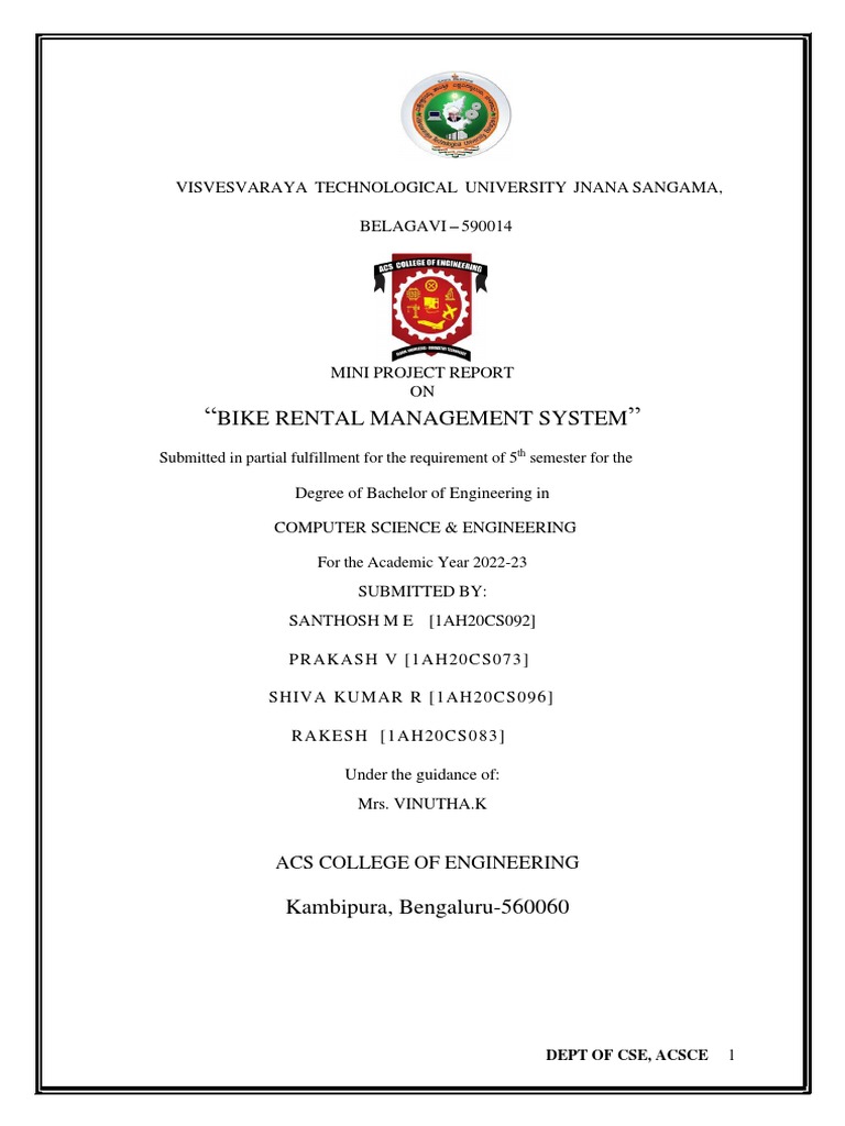 Bike Rental Management System: Submitted in Partial Fulfillment For The Requirement of 5 ...
