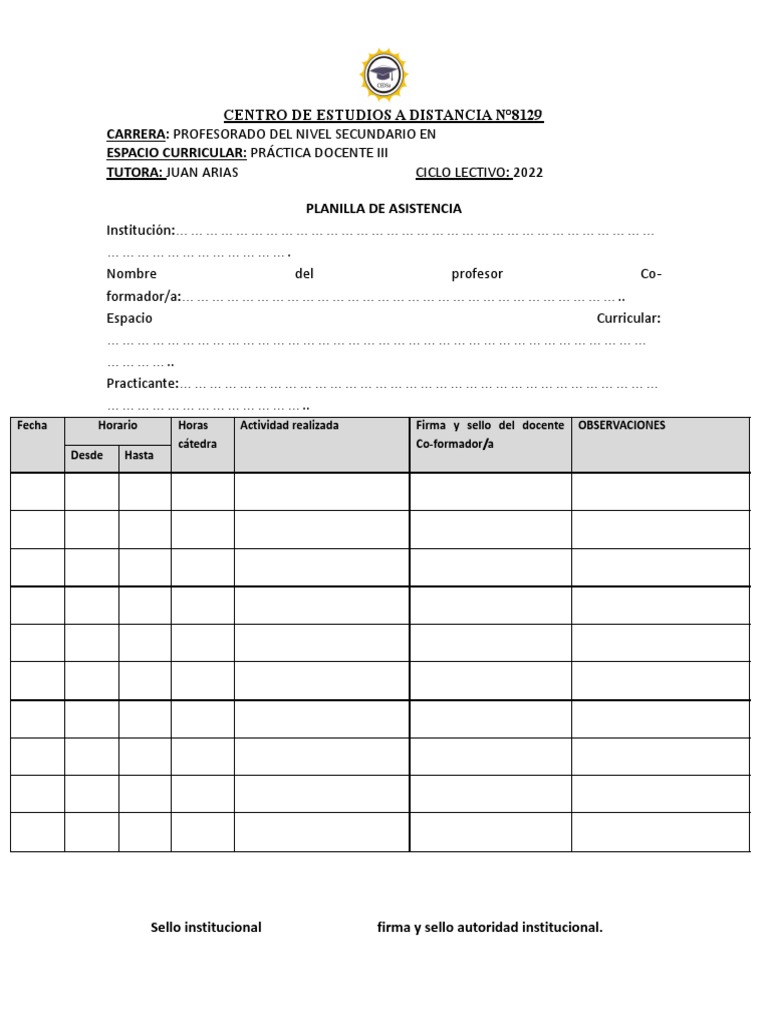 Planilla de Asistencia Práctica Docente III | PDF