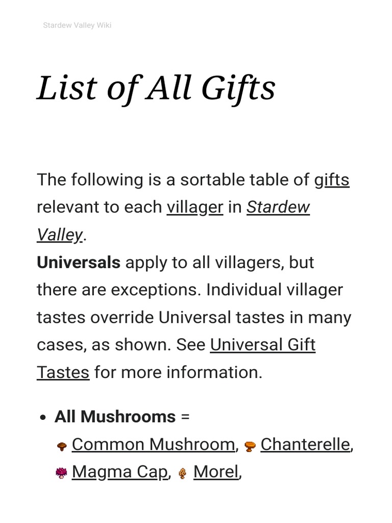 Stardew Valley Villager Gift Guide | PDF | Pancake | Fruit