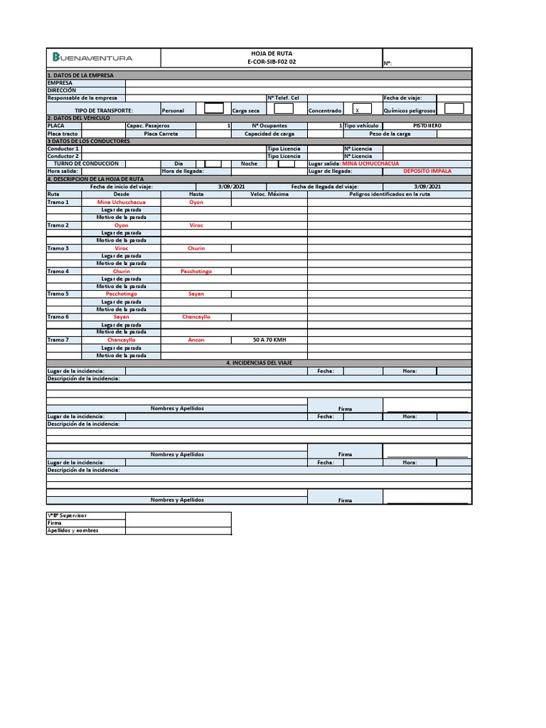 Formato Lleno Hoja de Ruta | PDF