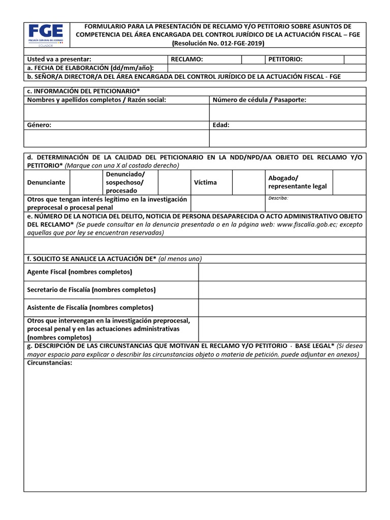 Formulario para La Presentacion de Reclamo | PDF | Fiscal | Ley procesal