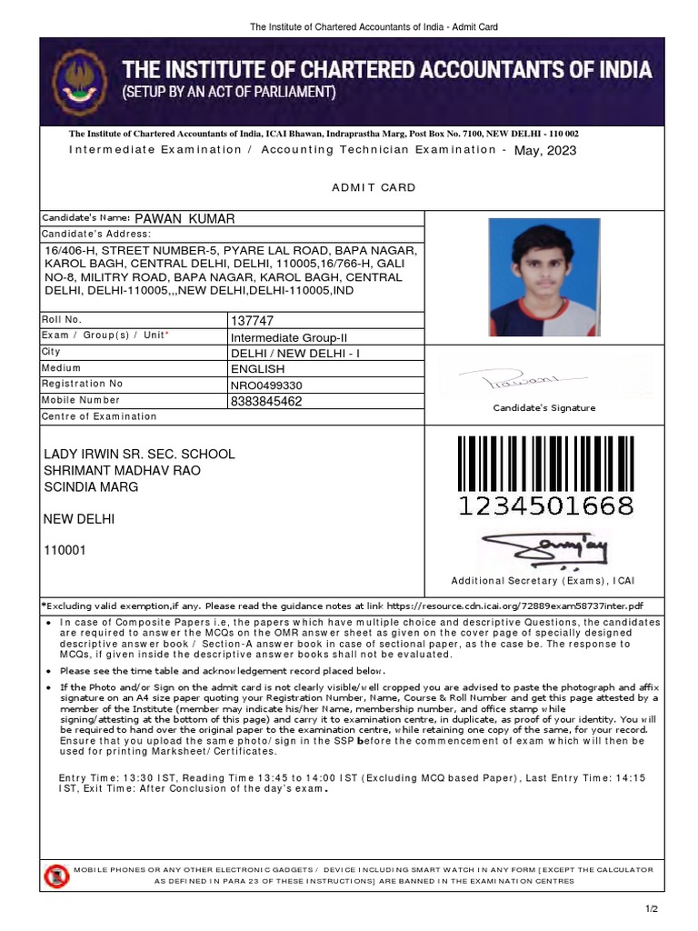 CA Intermediate G2 Admit Card | PDF