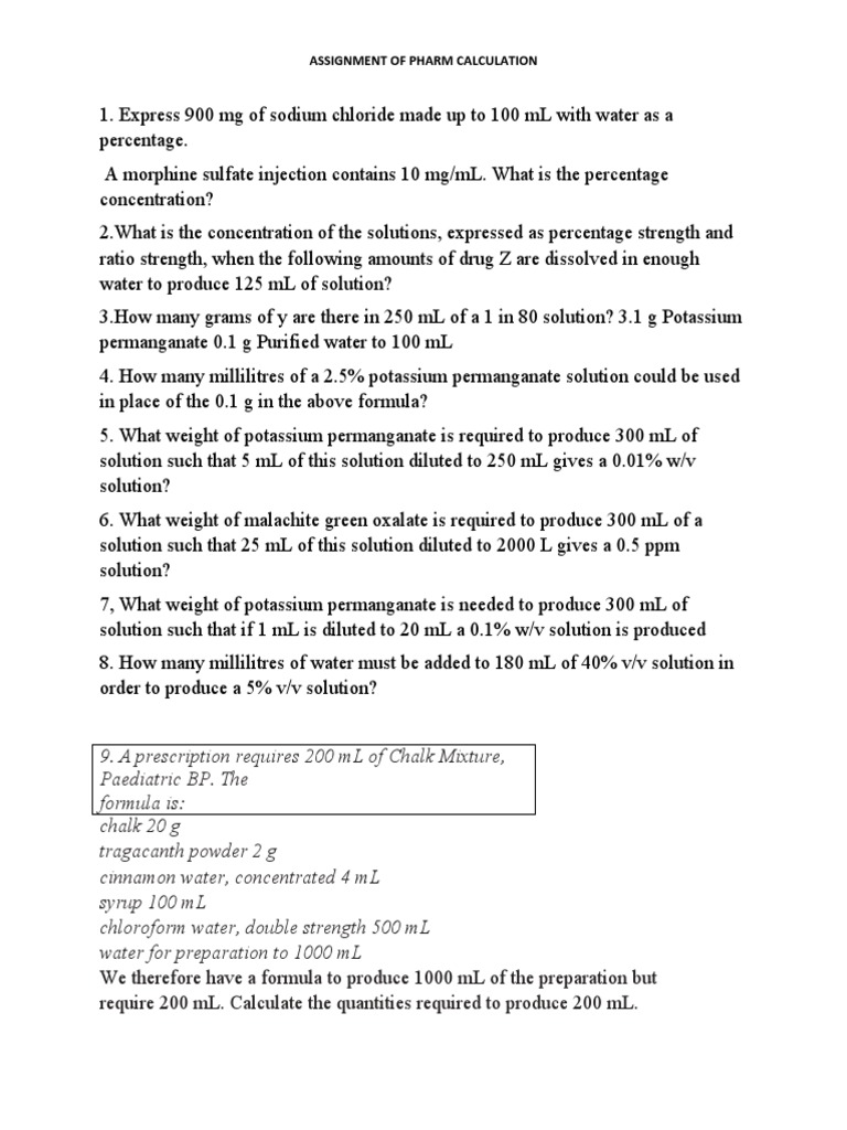 Pharmaceutical Calculation Assignment | PDF | Mass Concentration ...