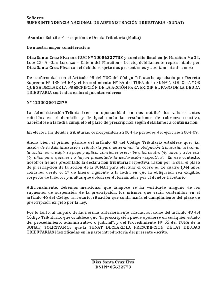 Carta de Prescripcion - Modelo | PDF | Estatuto de limitaciones | Justicia