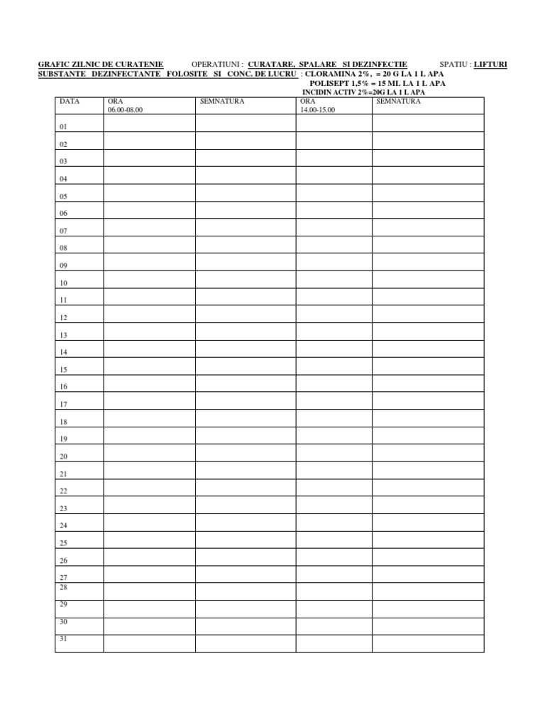 Grafic Curatenie Lift | PDF