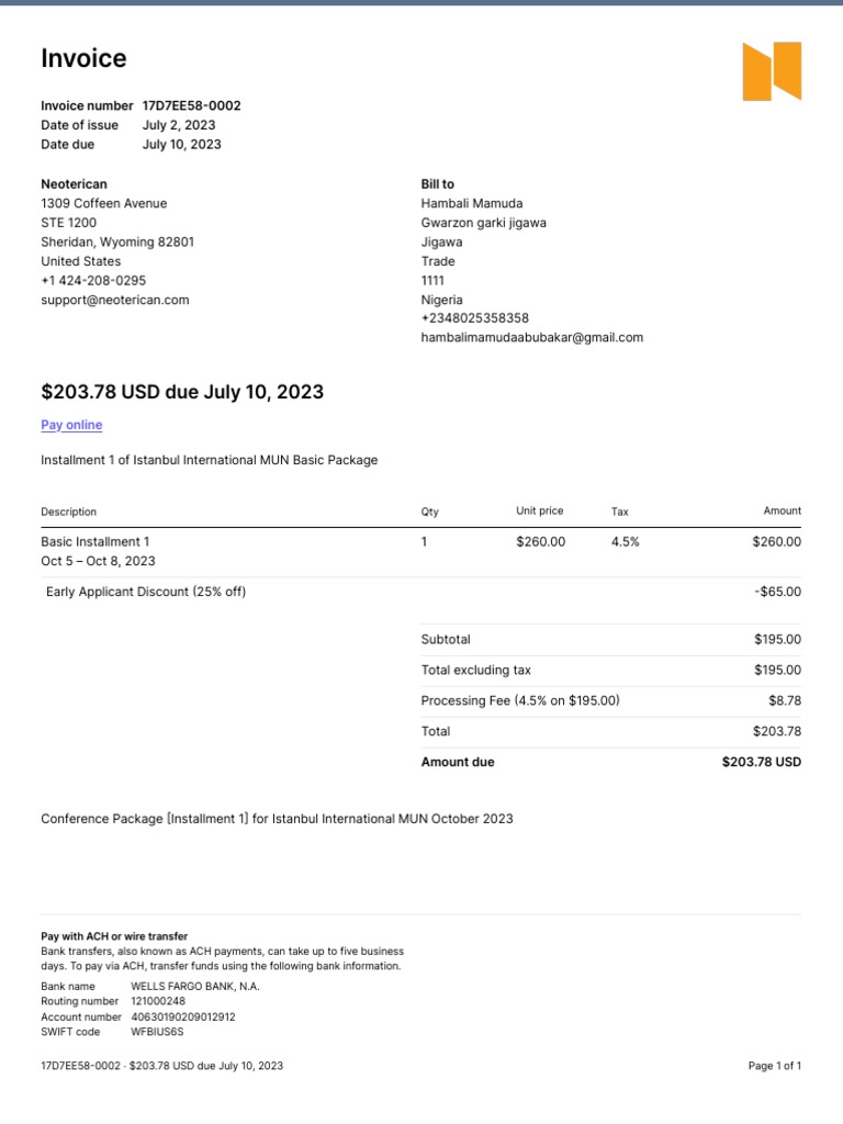 Invoice for Istanbul MUN Package Payment | PDF | Wire Transfer | Business