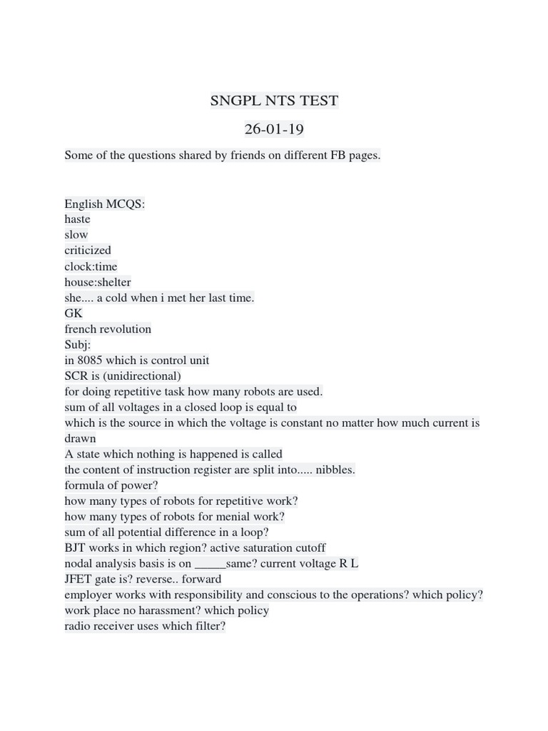 SNGPL Nts Test 26-1-19 | PDF