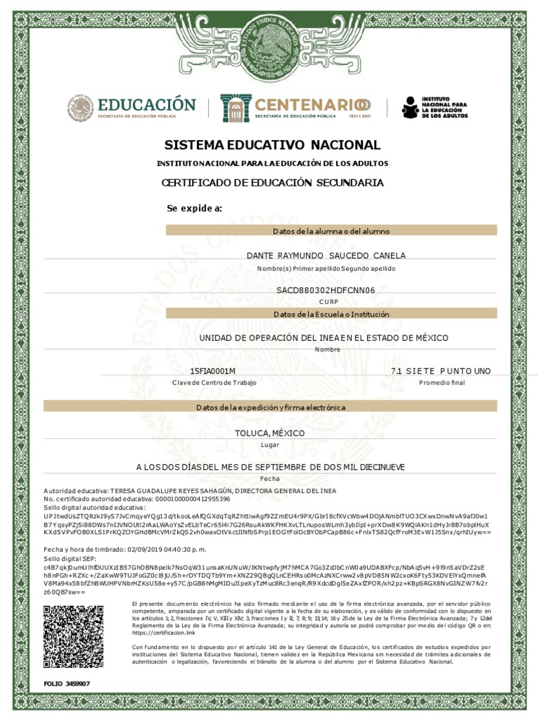 Sistema Educativo Nacional: Certificado de Educación Secundaria | PDF