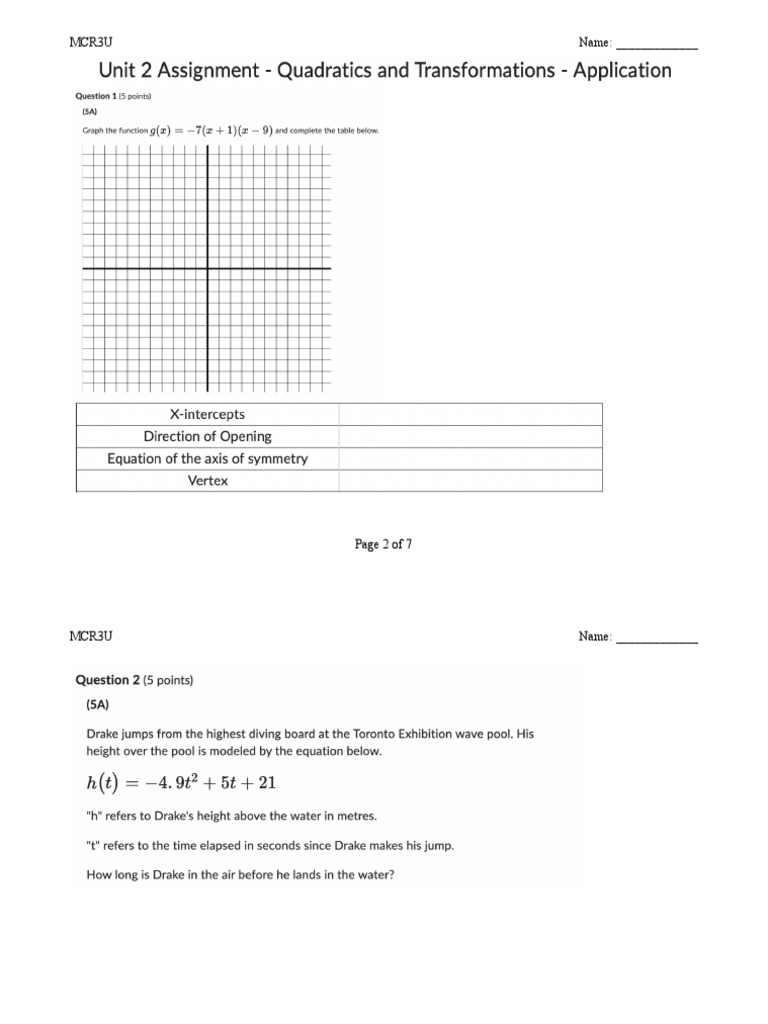 Unit 2 Assignment - Quadratics and Transformations APPLICATION | PDF ...