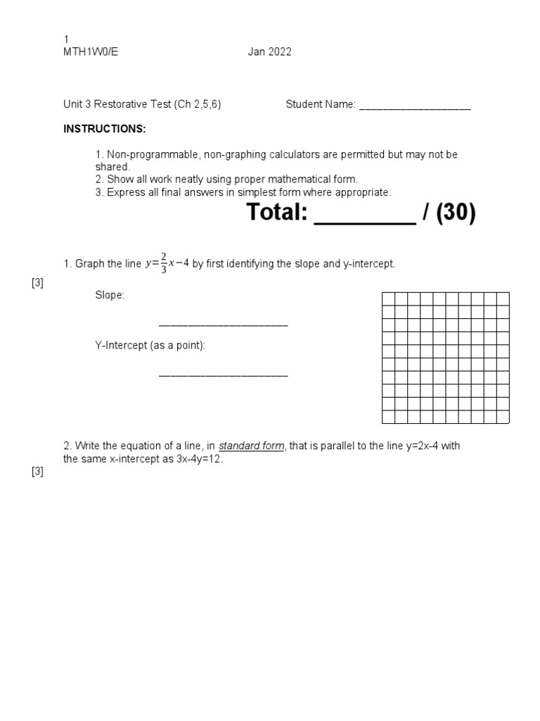 Jan 22 Linear Functions Test | PDF