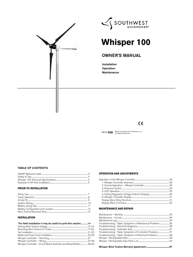 Southwest Whisper 100 Manual en | PDF | Wind Turbine | Electrical Connector
