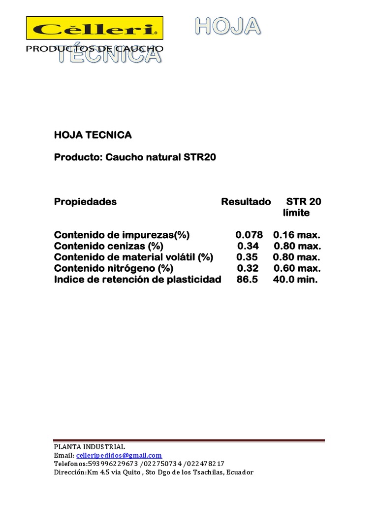 Hoja Técnica Caucho Natural STR20 | PDF