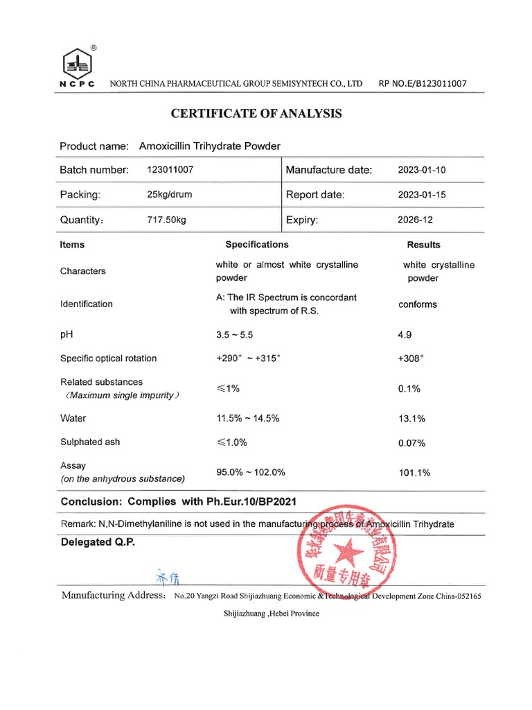 COA-Amoxicillin Trihydrate Powder-EP10.0, BP2021-NCPC-123011007 | PDF