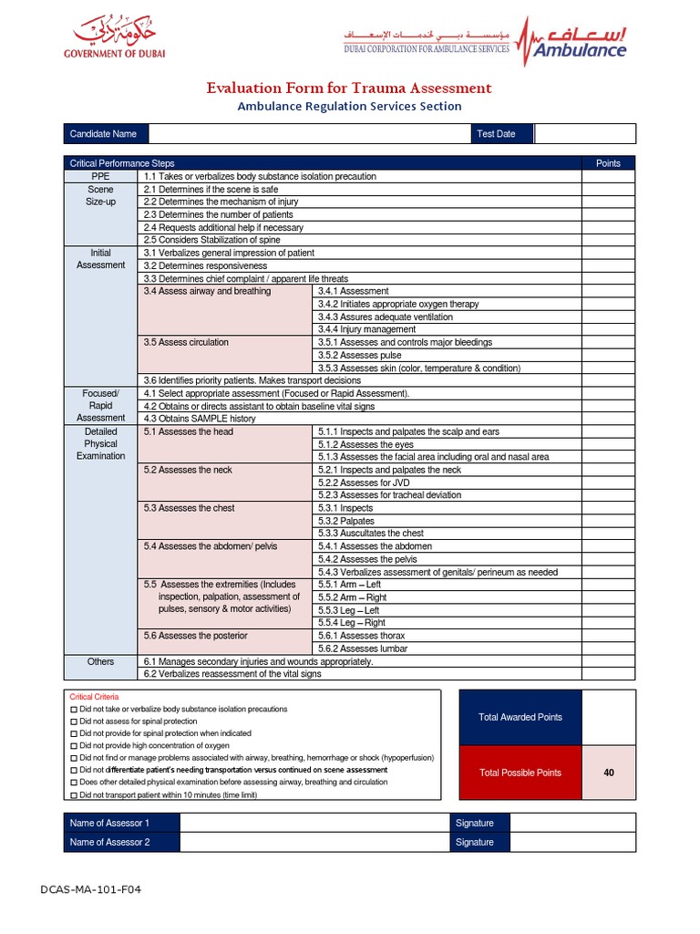 DCAS Evaluation Form For Trauma Assessment | PDF
