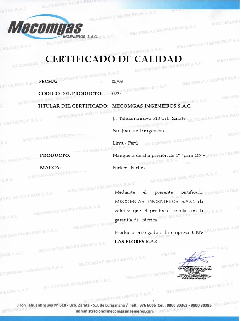 Certificado de Calidad - Manguera Parker | PDF