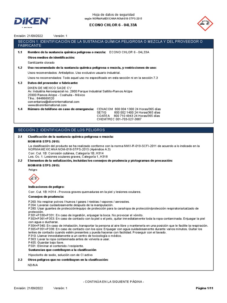 ECONOCHLOR 6 Hoja de Datos de Seguridad | PDF | Residuos | Toxicidad