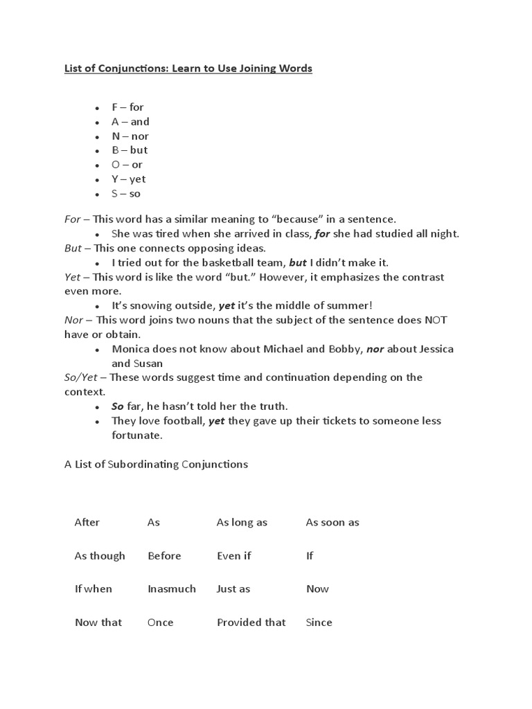 List of Conjunctions | PDF | Grammar | Linguistics