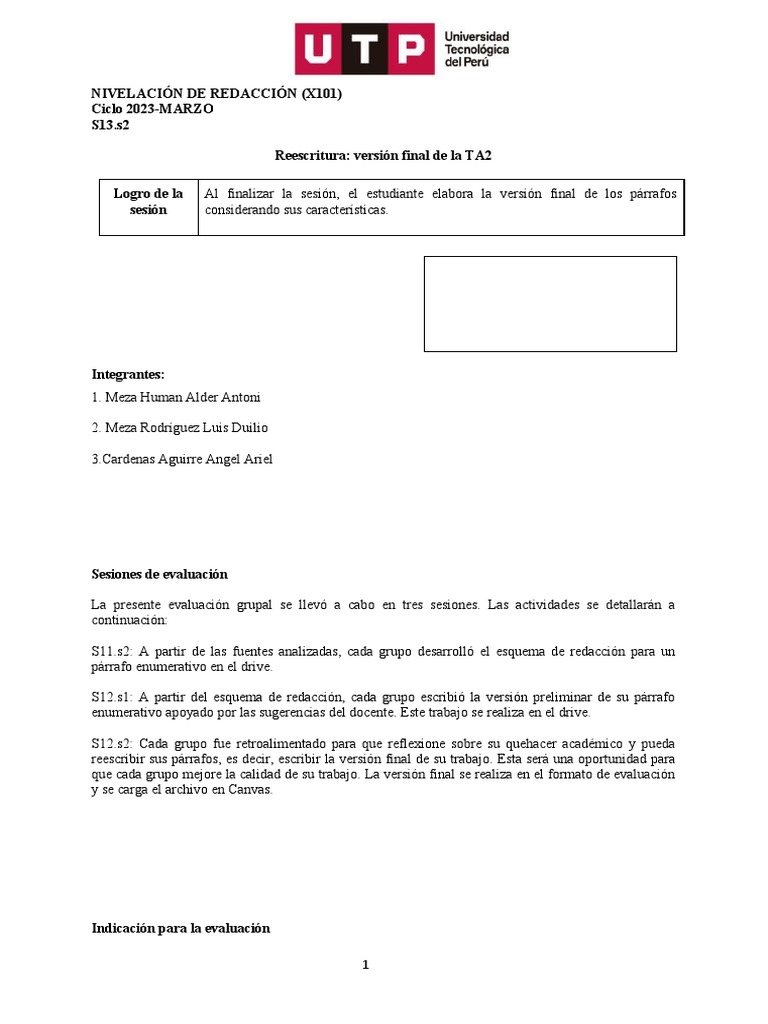 S13.s2 - Reescritura. Versión Final de La TA2 (Formato UTP) | PDF