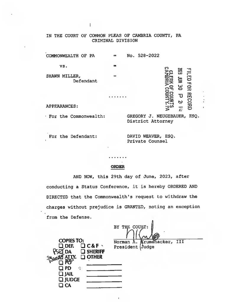 Court Order To Withdraw Charges Against Shawn Miller | PDF