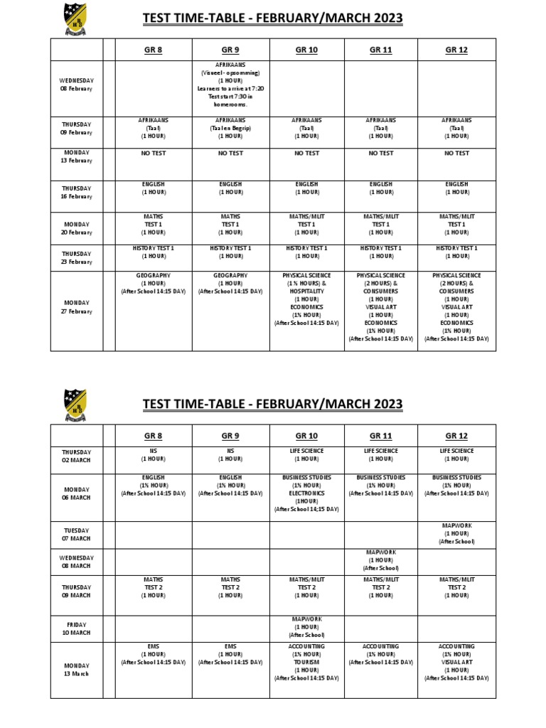Term 1 Test Timetable 2023 | PDF