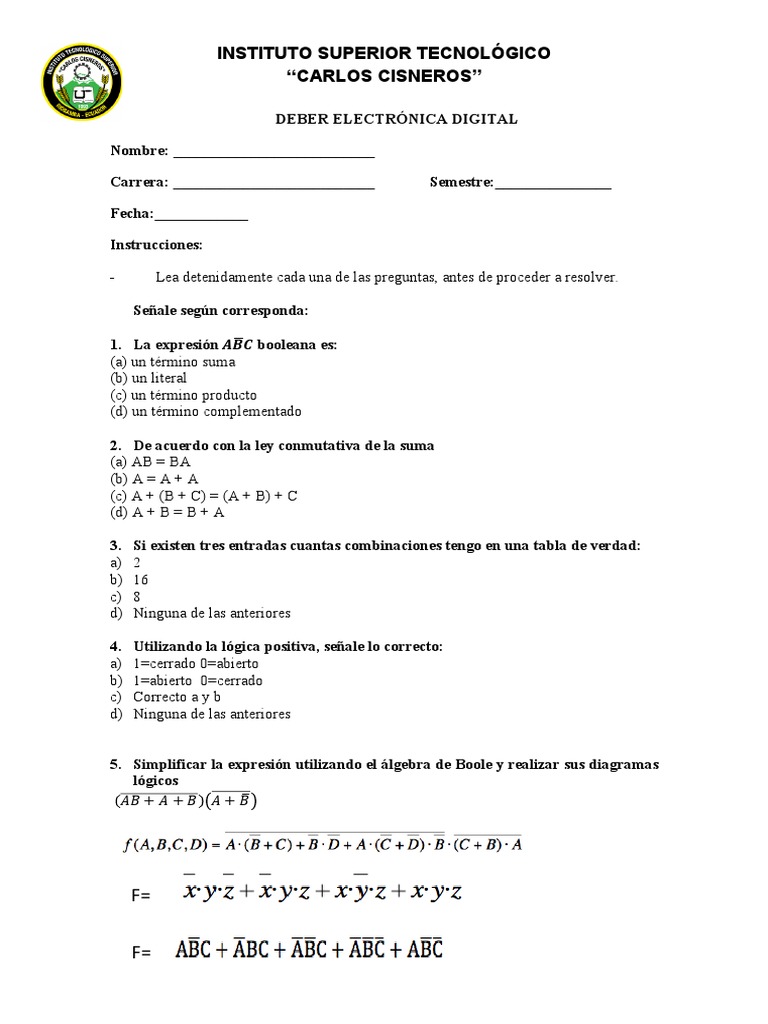 DEBER Algebra Boole | PDF | Tecnología