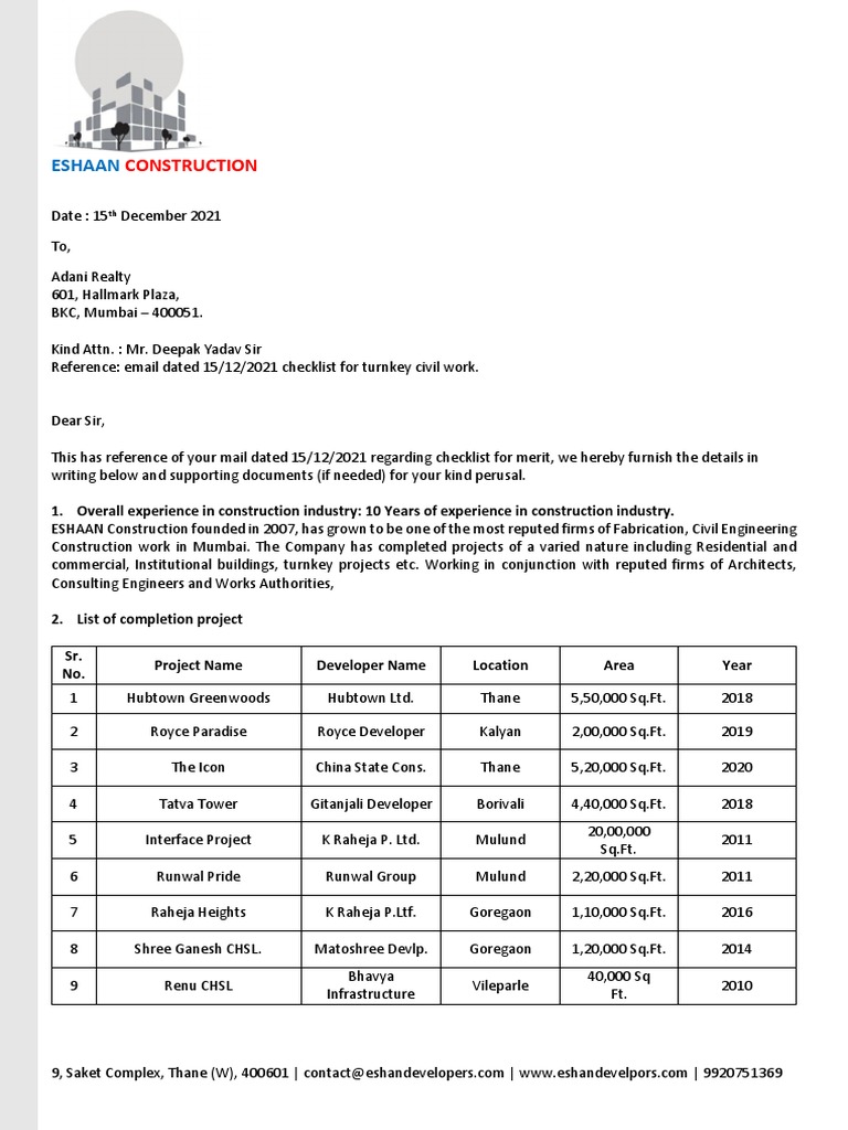 ESHAAN Construction Adani Realty Review | PDF | Occupational Safety And ...