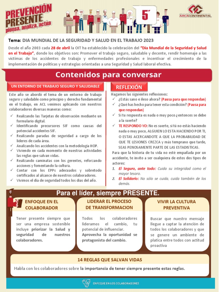 PLATICA 5 MINUTOS - DIA MUNDIAL DE LA SEGURIDAD Y SALUD EN EL TRABAJO 2023 | PDF
