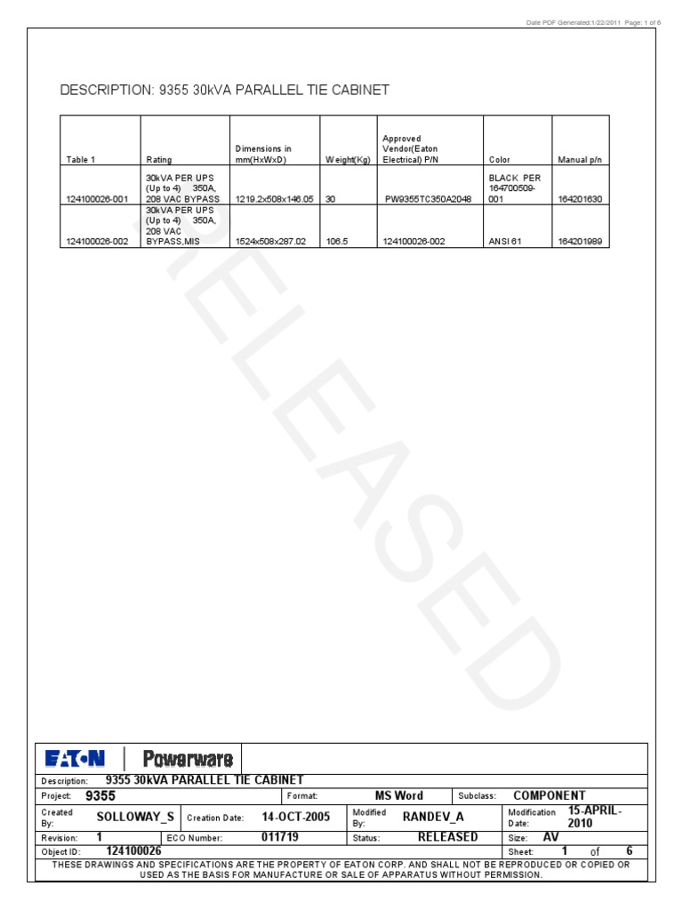 Eaton 9355 30 KVA Parallel Tie Cabinet 124100026 | PDF | Electric Power ...