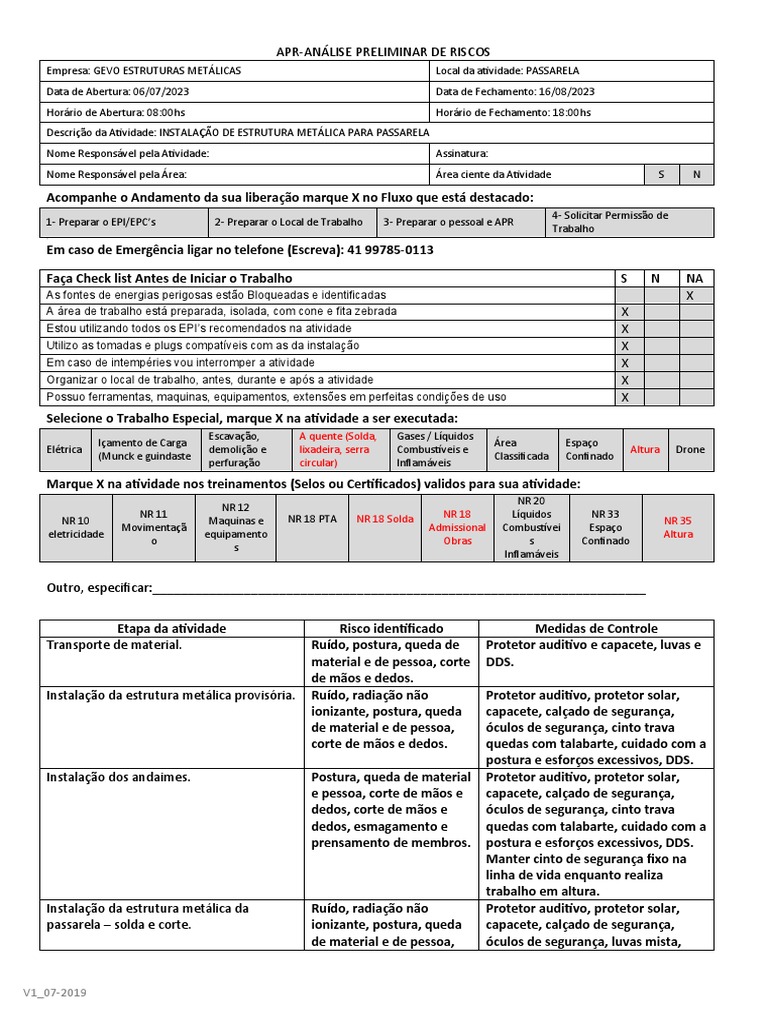 Modelo Apr - Análise Preliminar de Risco | PDF | Ciências Físicas