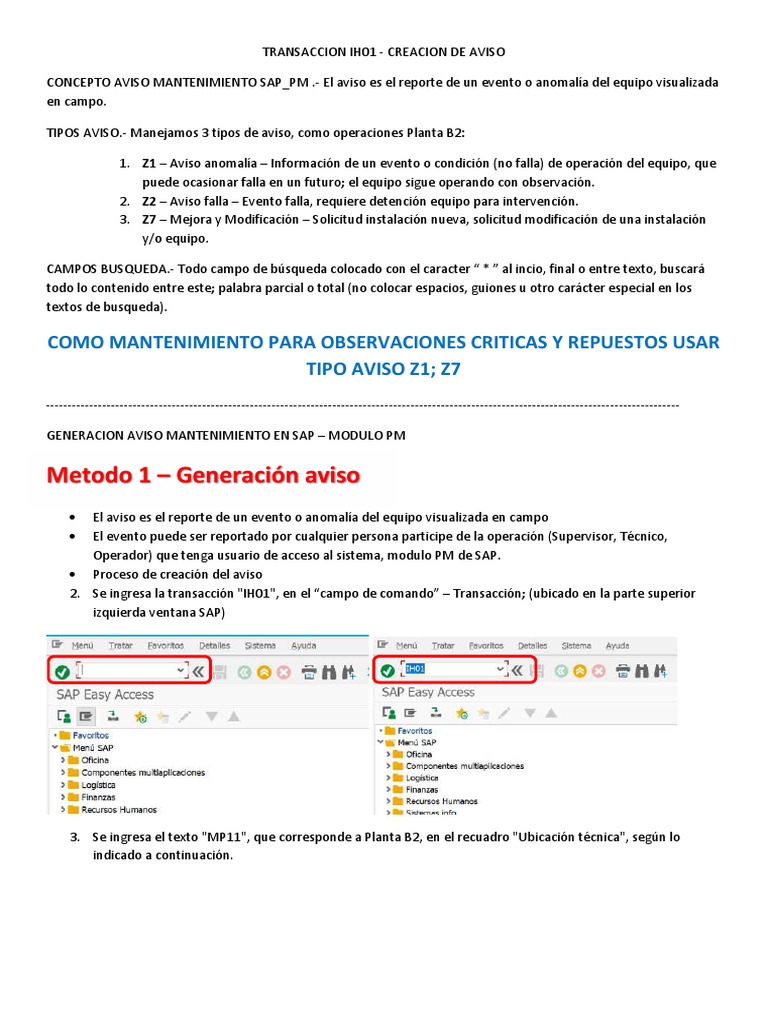 Creación de Aviso en SAP PM - IH01 | PDF | Informática