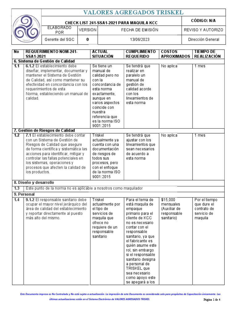 CHECK LIST 241-SSA1-2021 PARA MAQUILA KCC | PDF