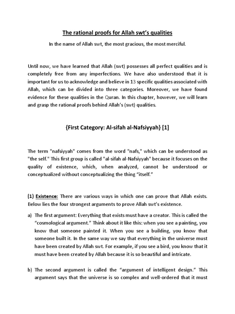 The Rational Proofs For Allah Swt's Qualities PART ONE | PDF | God In ...