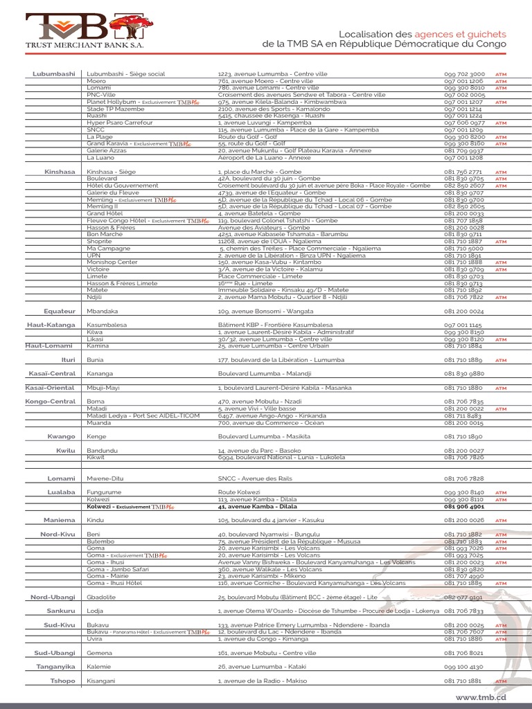 Agences TMB en RDC: Adresses et Contacts | PDF | République ...