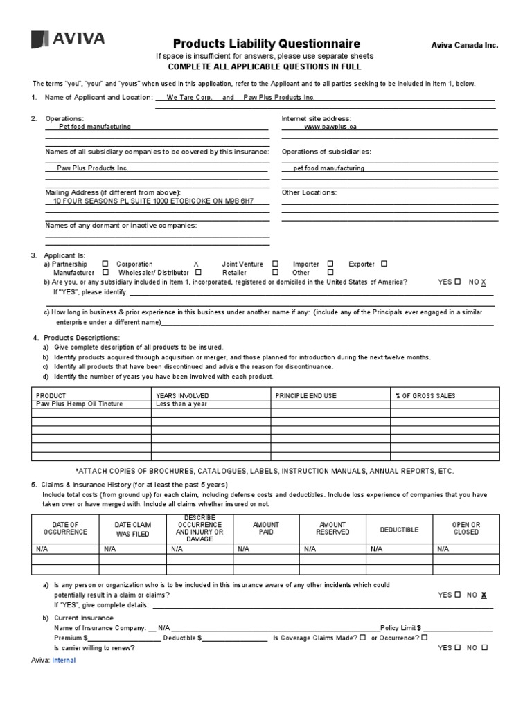 Products Liability Questionnaire - We Trade Corp | PDF | Deductible ...