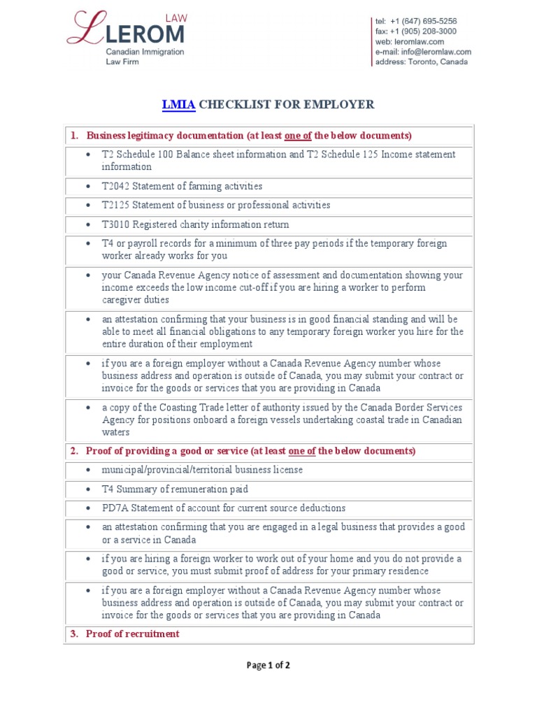 LMIA Checklist Leromlaw 2923896 | PDF | Employment | Canada