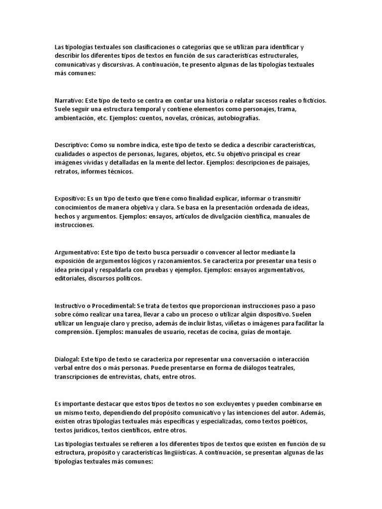 Las tipologías textuales son clasificaciones o categorías que se utilizan para identificar y ...
