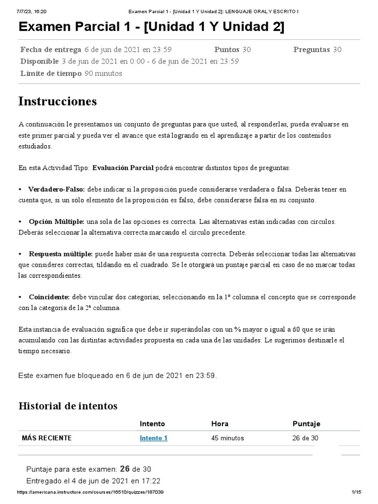 Examen Parcial 1 Unidad 1 Y Unidad 2 Lenguaje Oral Y Escrito I