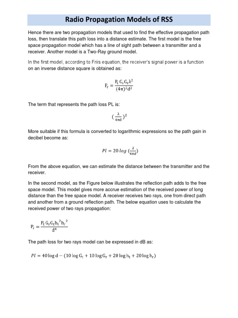 Radio Propagation Models for RSS Localization | PDF | Equations | Decibel