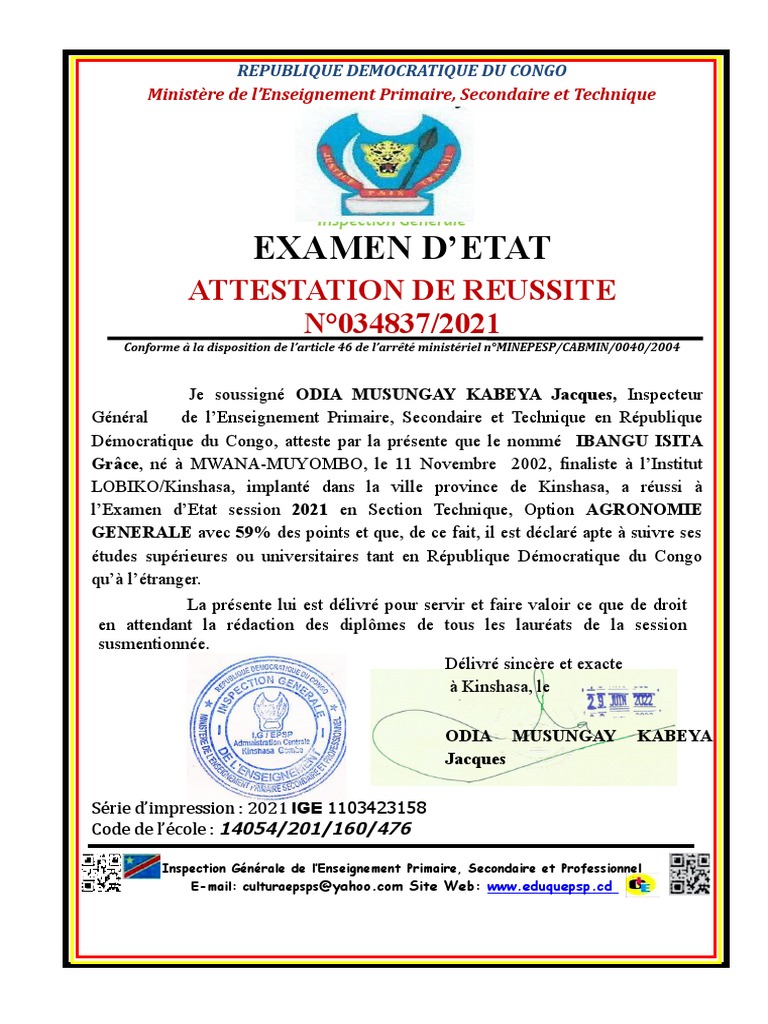 Attestation de Reussite - 055531 | PDF Attestation de Reussite - 055531 | PDF