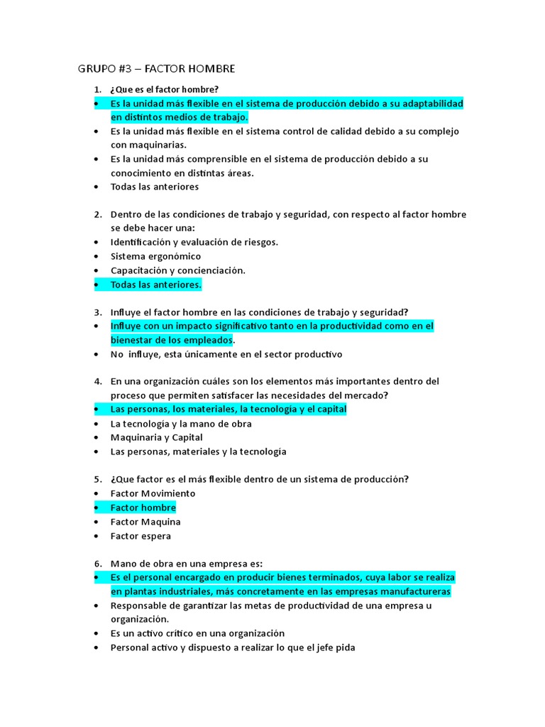 Preguntas Factor Hombre - Grupo 3 | PDF | Seguridad y salud ocupacional | Business