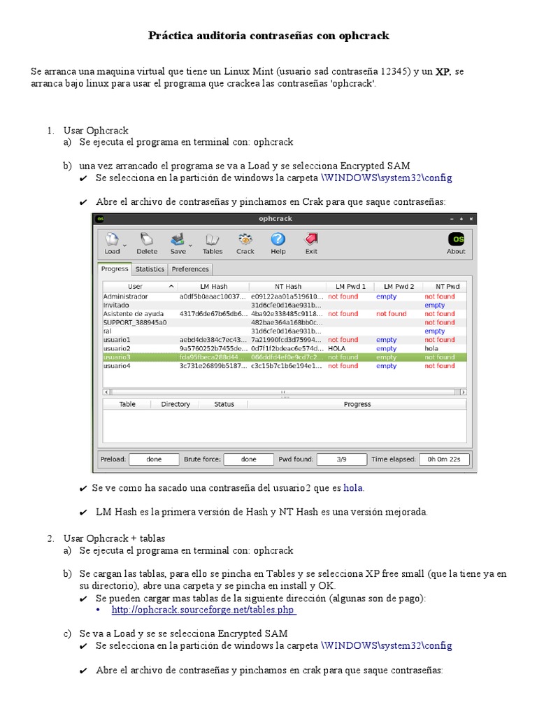 Práctica Auditoria Contraseñas Ophcrack | PDF