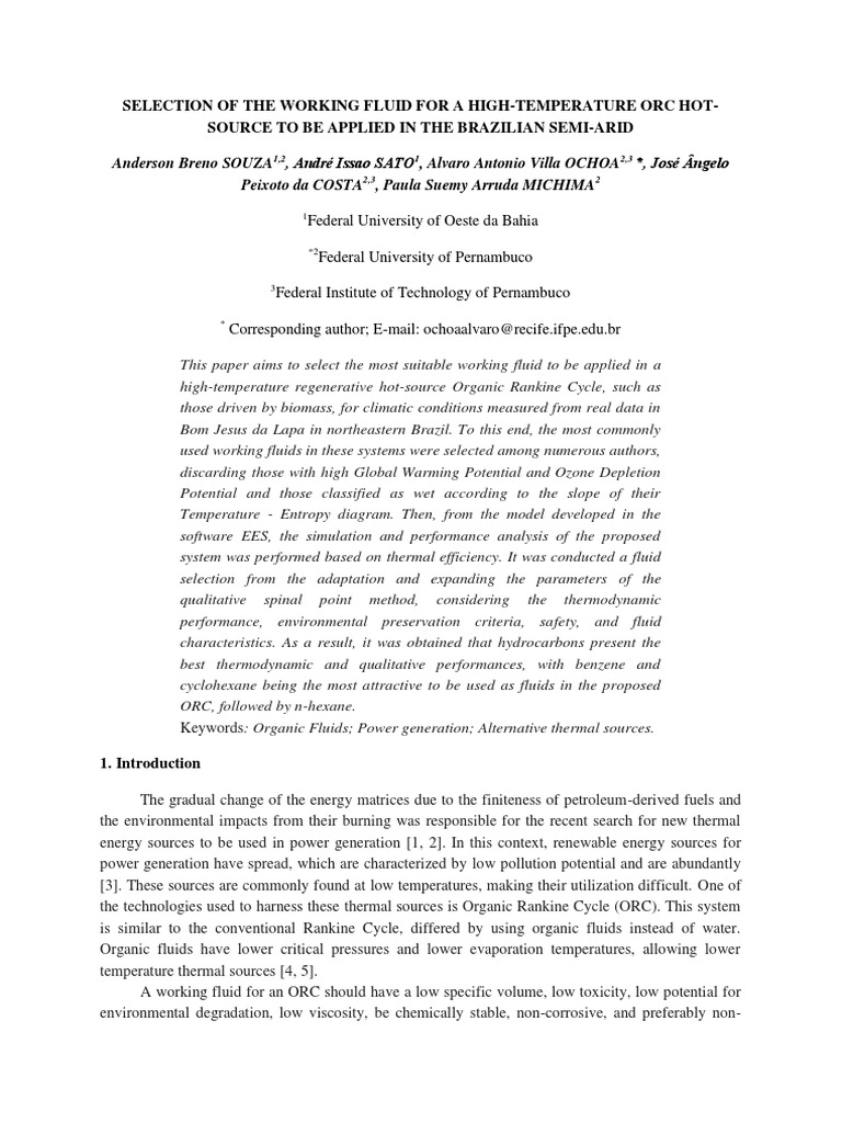 Selection of The Working Fluid For A High-Temperature Orc Hot-Source To ...