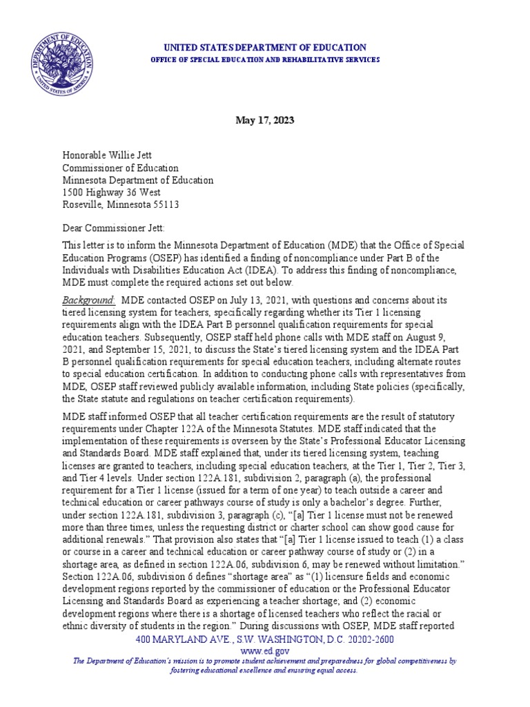 MN B Noncompliance Letter Final | PDF | Teachers | Special Education