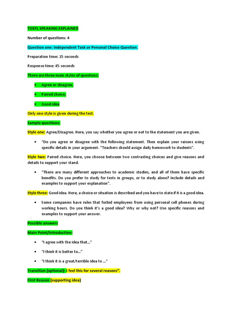 TOEFL Speaking Summarized | PDF | Reason | Homework