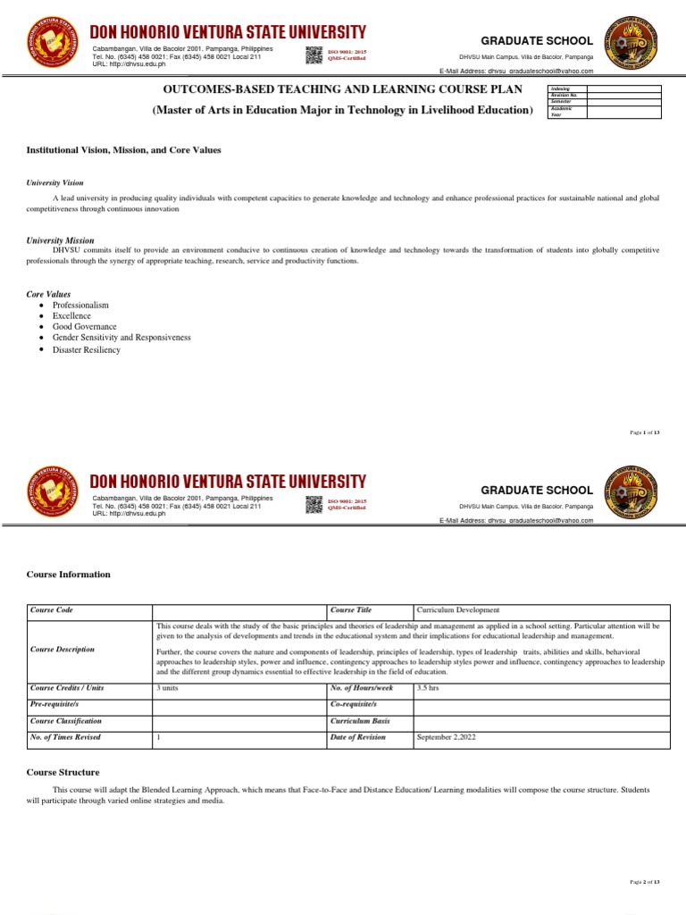 OBE Course Syllabus, Curriculum Devt, MAED, TLE | PDF | Leadership ...