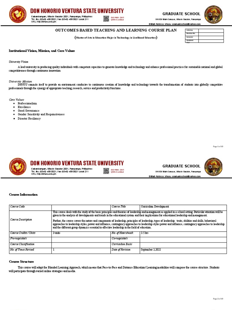 OBE Course Syllabus, Educ Leadership, MAED, TLE | PDF | Leadership | Educational Technology