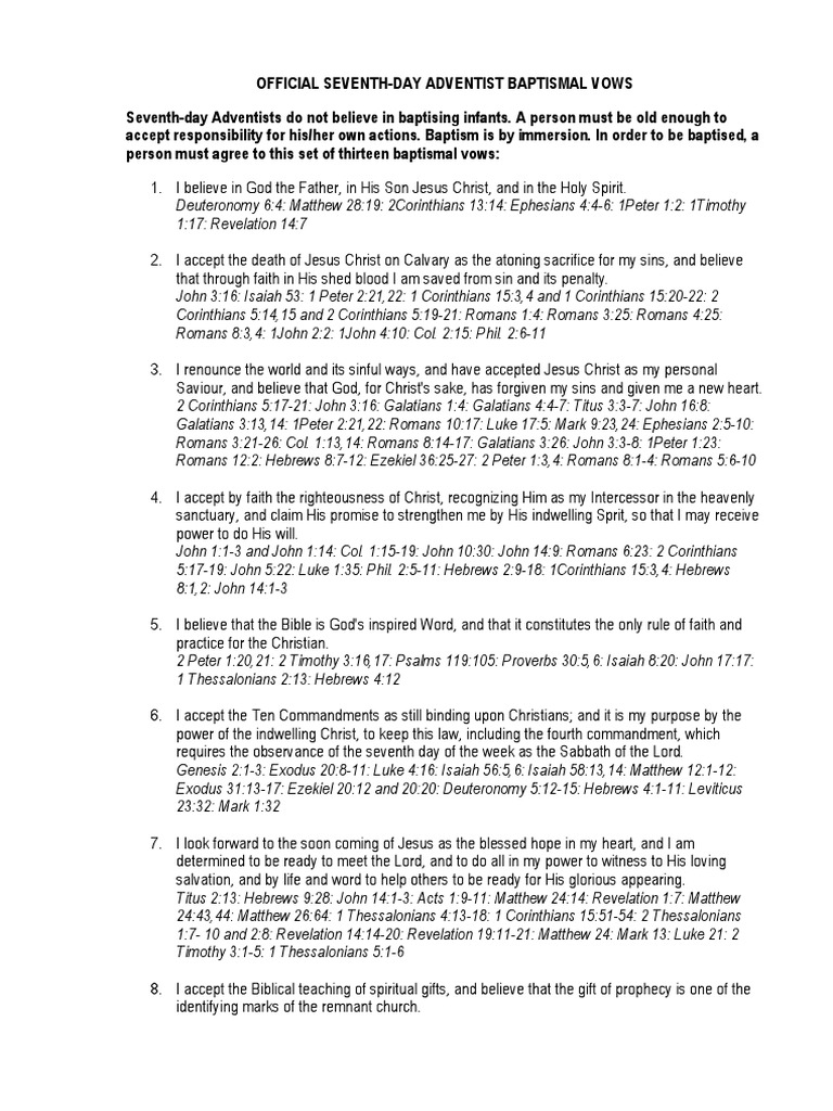 SDA Baptismal Vows Overview | PDF | Christian Belief And Doctrine ...