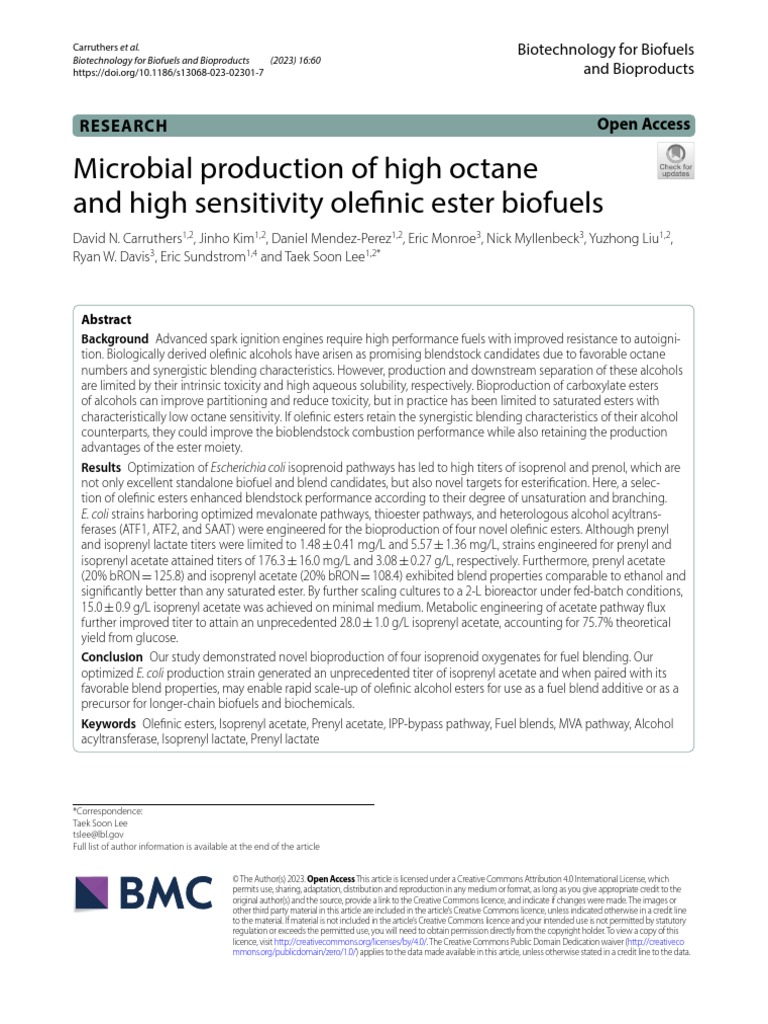 Microbial production of high octane and high sensitivity olefinic ester ...